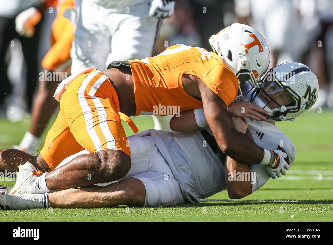 Mississippi State quarterback Blake Shapen (2) is tackled by Tennessee ...