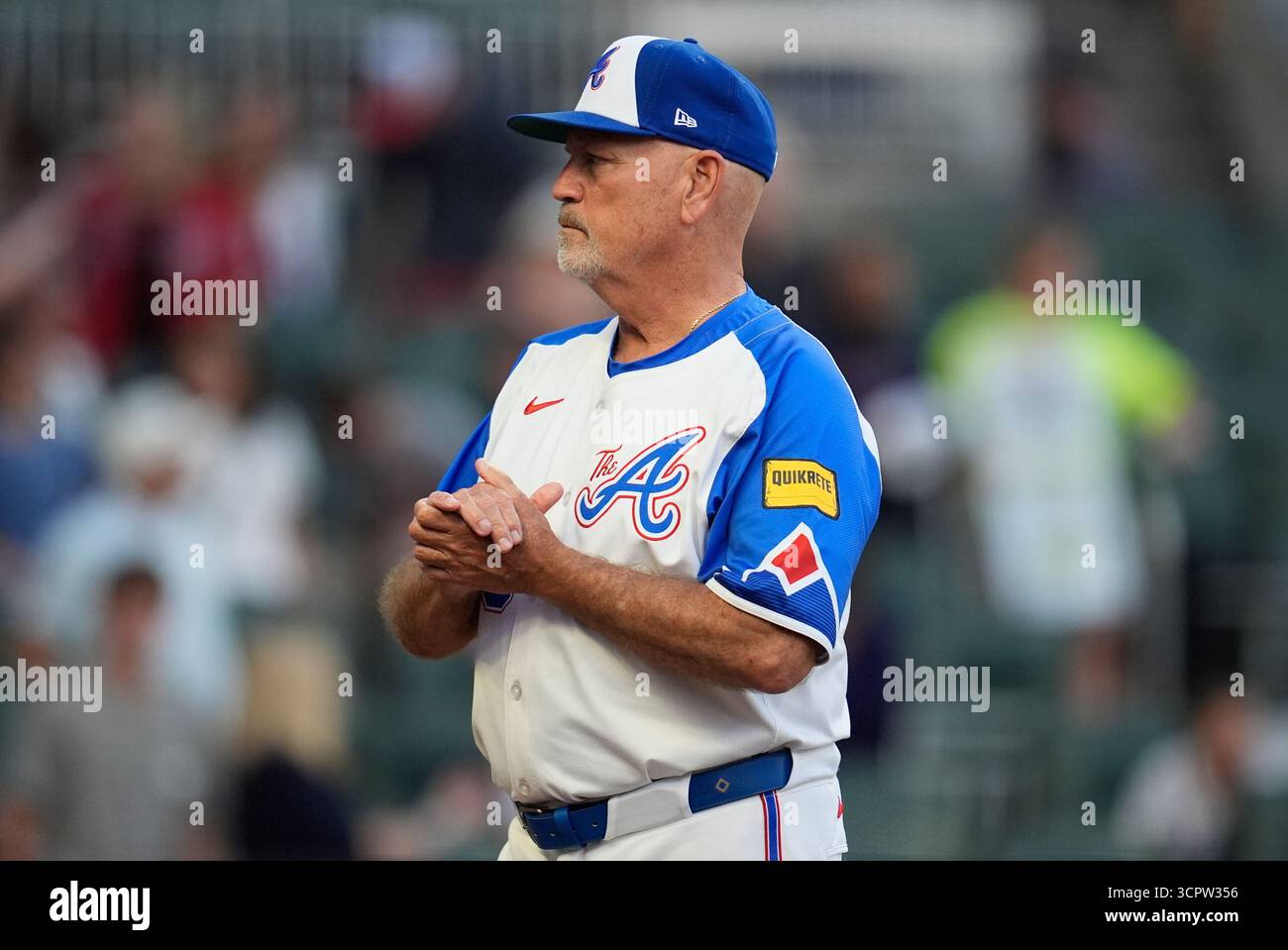 Atlanta Braves manager Brian Snitker (43) stands on the field before of ...