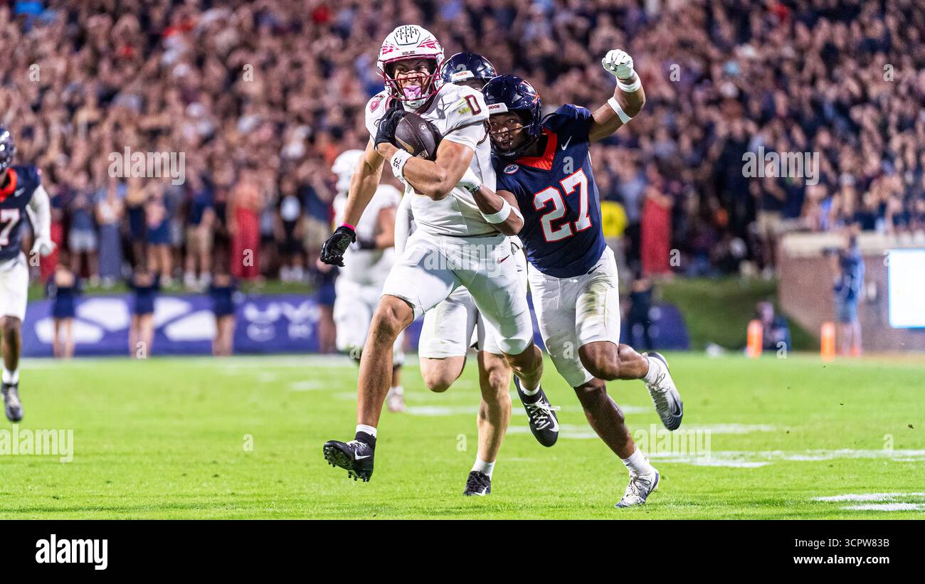 Florida State wide receiver Duce Robinson (0) runs the ball by Virginia ...