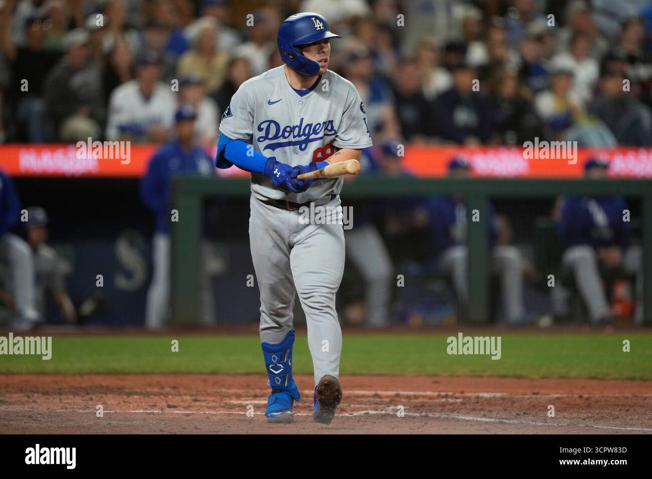 Los Angeles Dodgers' Dalton Rushing watches his two-run go-ahead home ...