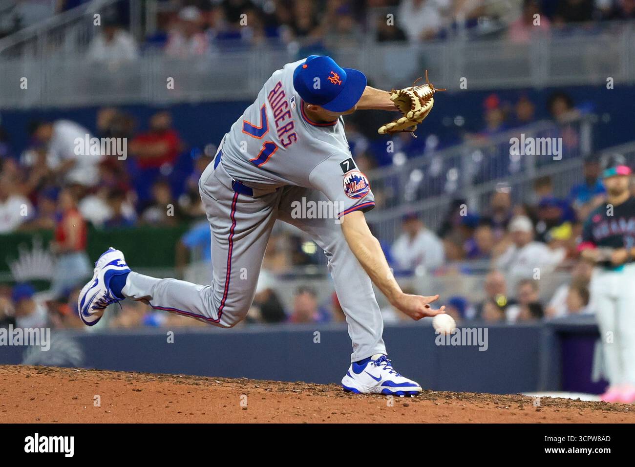 MIAMI, FL - SEPTEMBER 27: New York Mets relief pitcher Tyler Rogers #71 is seen pitching the ...