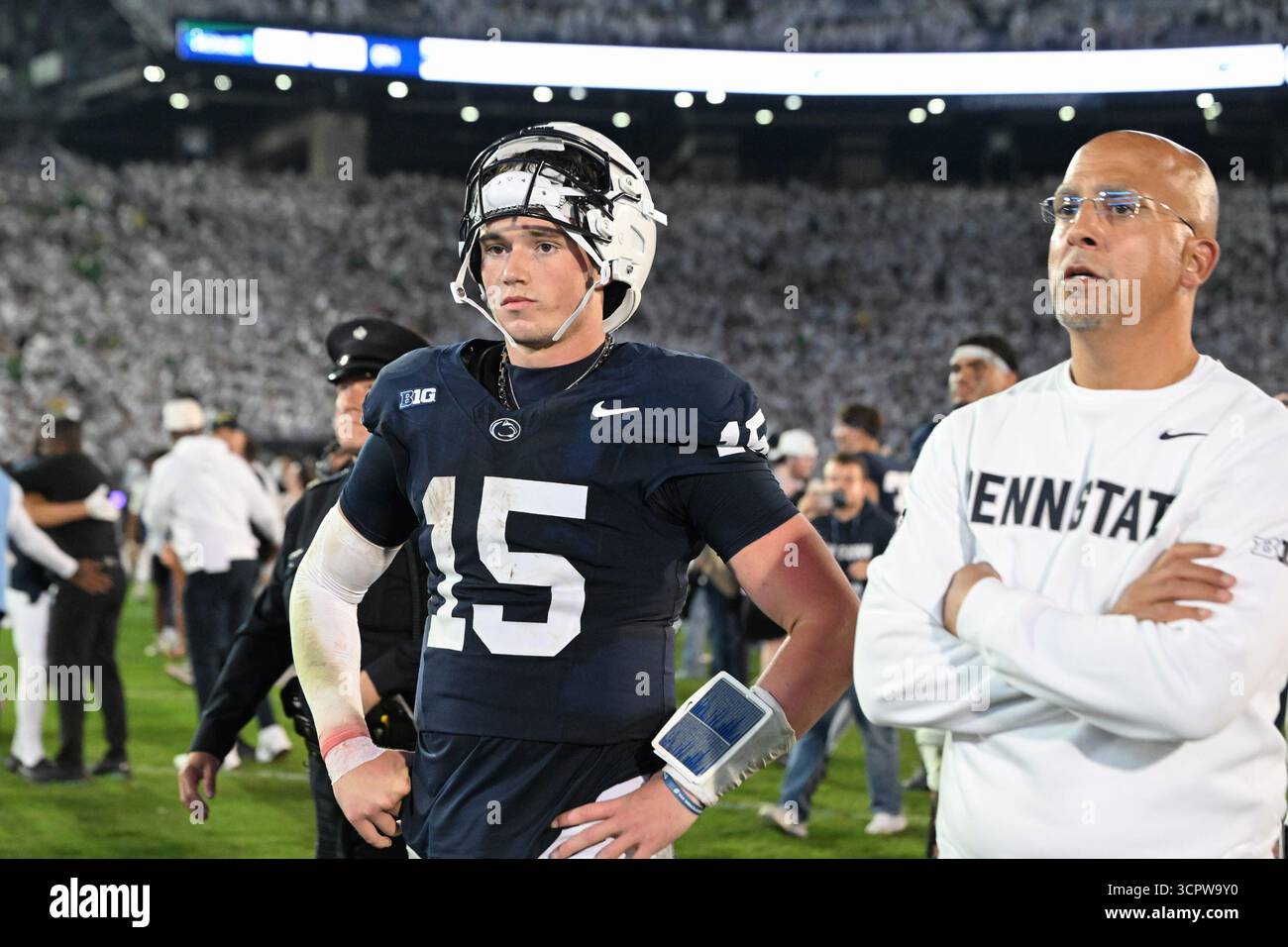 Penn State quarterback Drew Allar (15) and Penn State head coach James ...