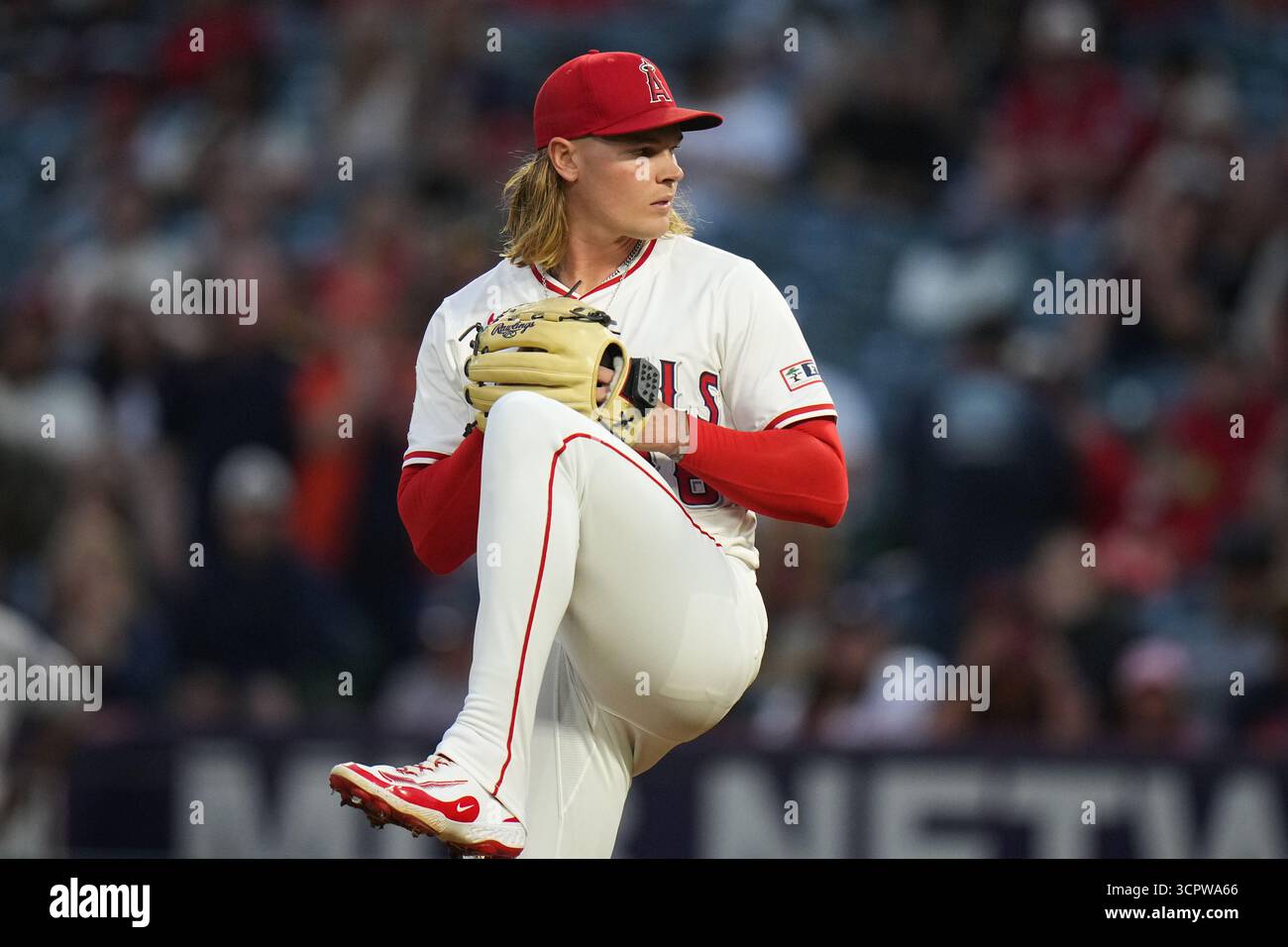 Los Angeles Angels starting pitcher Caden Dana (36) winds up to throw against the Houston Astros ...
