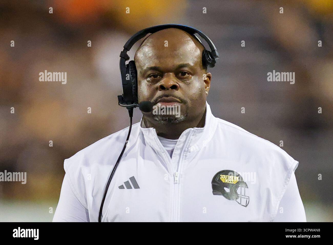 Sep 27, 2025: Southern Miss Golden Eagles head coach Charles Huff looks ...