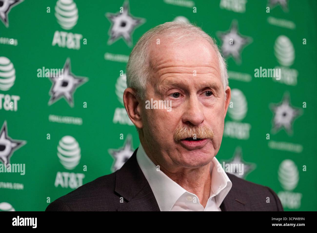 Dallas Stars general manager Jim Nill responds to questions during a ...