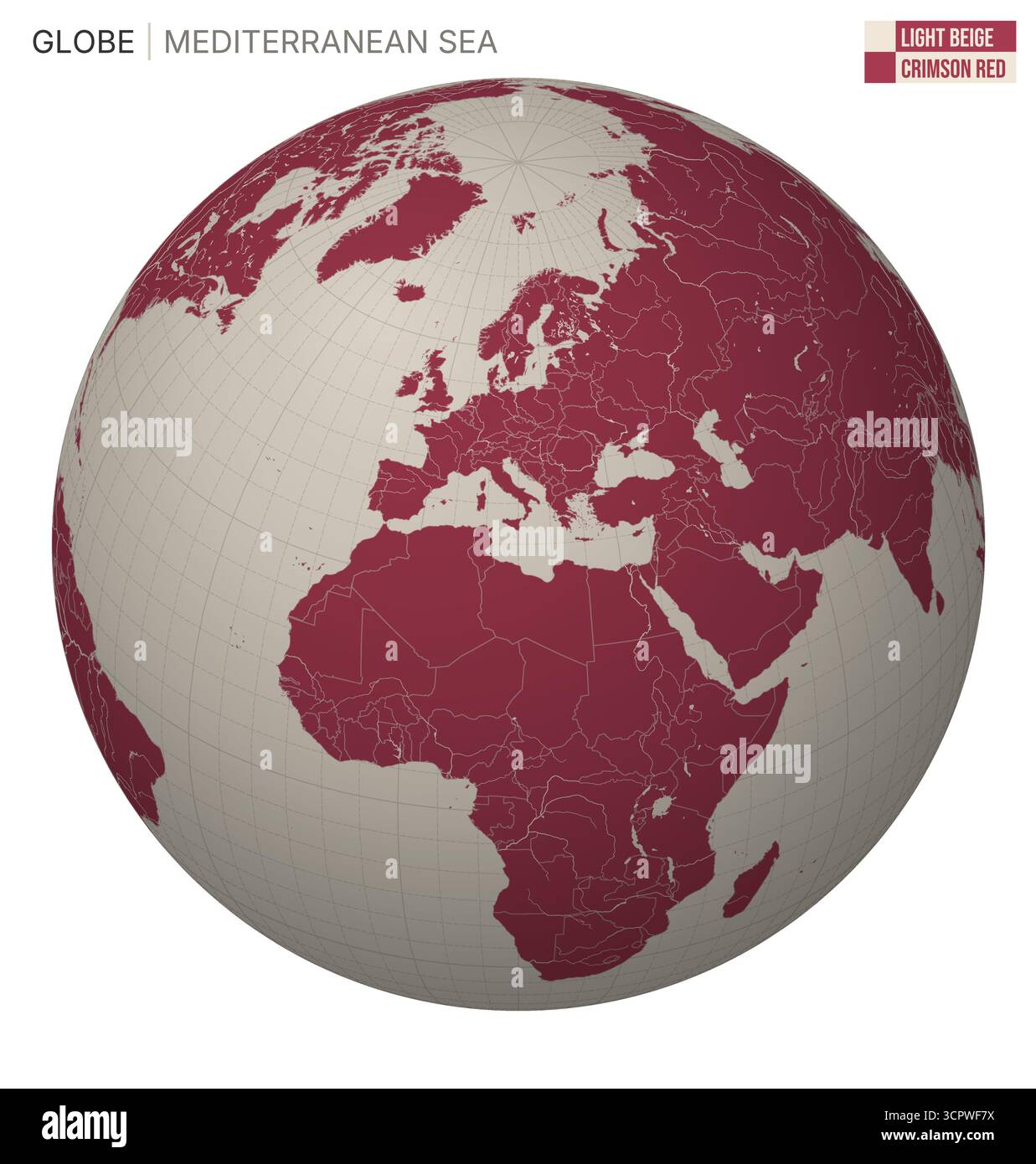 Vector globe centered on the Mediterranean Sea. Light beige and crimson ...
