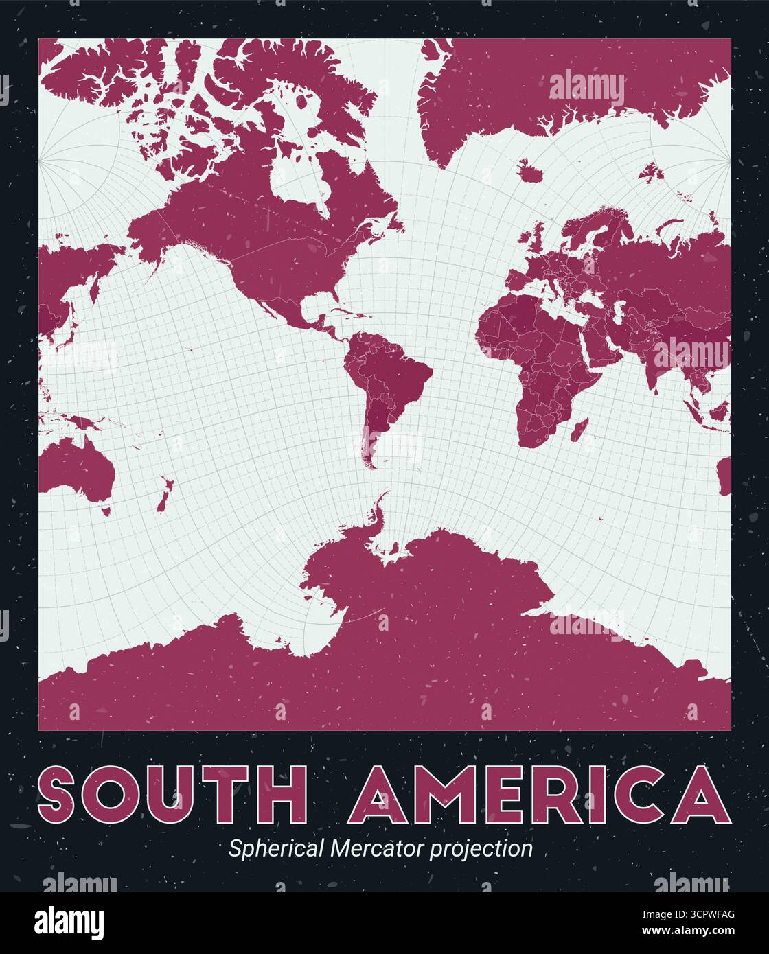 South America. World map. Spherical Mercator projection centered to ...