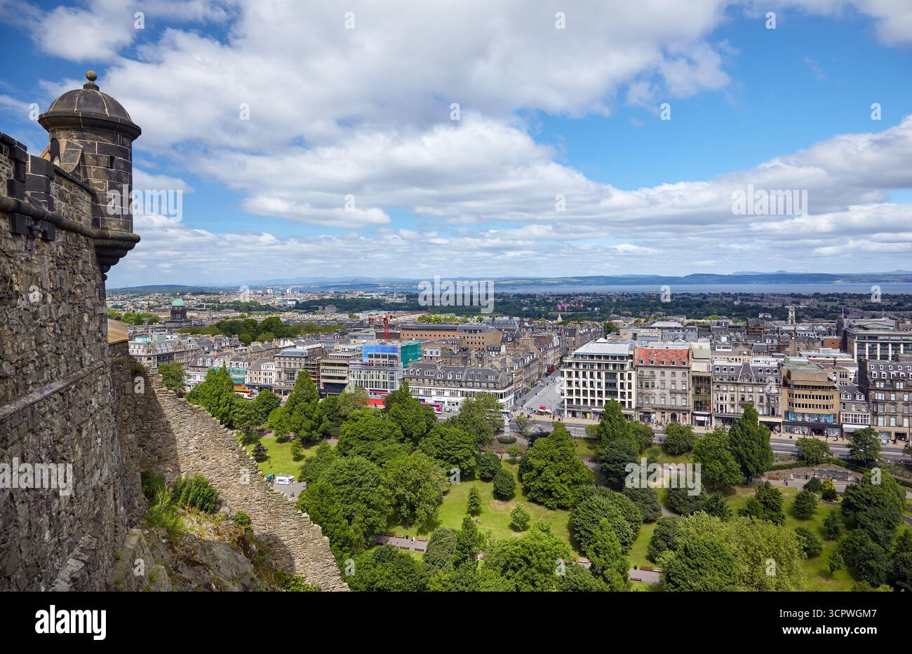 View from the Edinburgh Castle along the fortress wall and watchtower ...