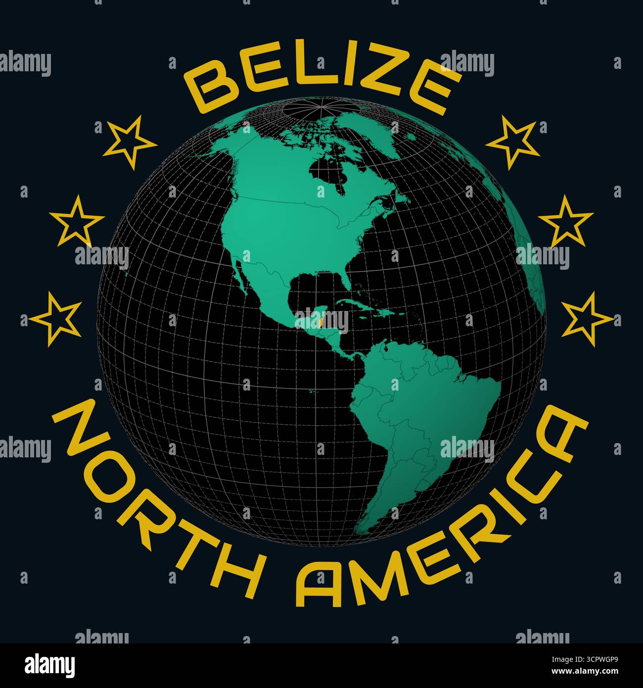 Belize on Globe. Round country and continent name text. Country view on ...