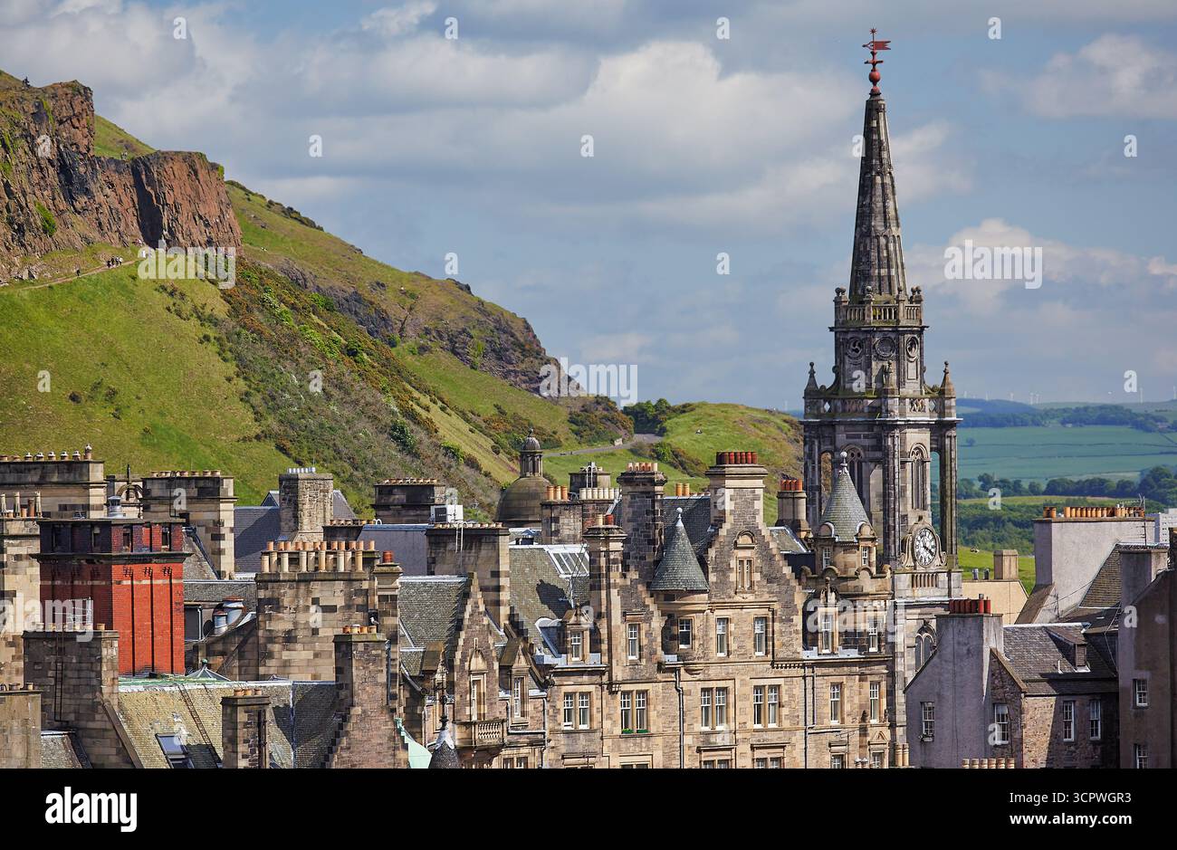 Old town with Tron Kirk prominent spire with chiming clock on the ...
