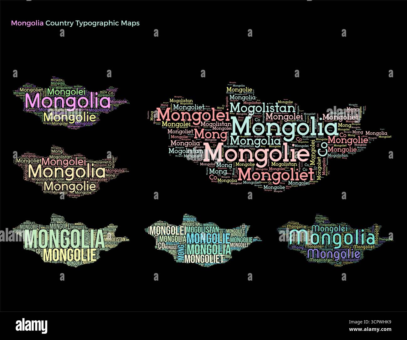 Mongolia. Set of typography style country illustrations. Mongolia map ...
