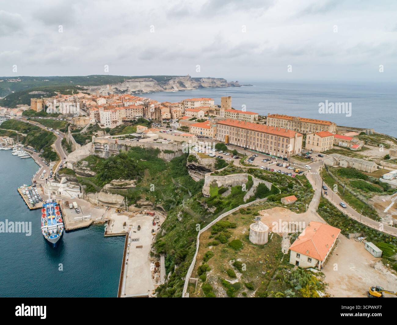 Aerial view marina cape Bonifacio south Corsica France citadel on rocky ...