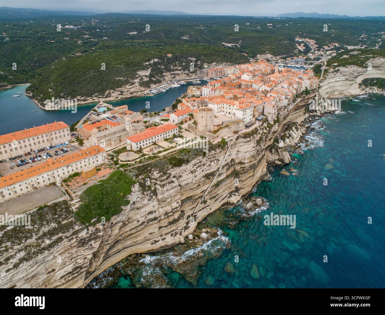 Aerial view marina cape Bonifacio south Corsica France citadel on rocky ...