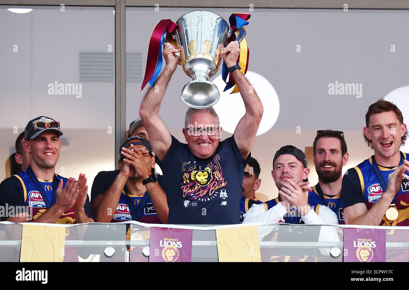 Lions Coach Chris Fagan celebrates winning the AFL Premiership at ...