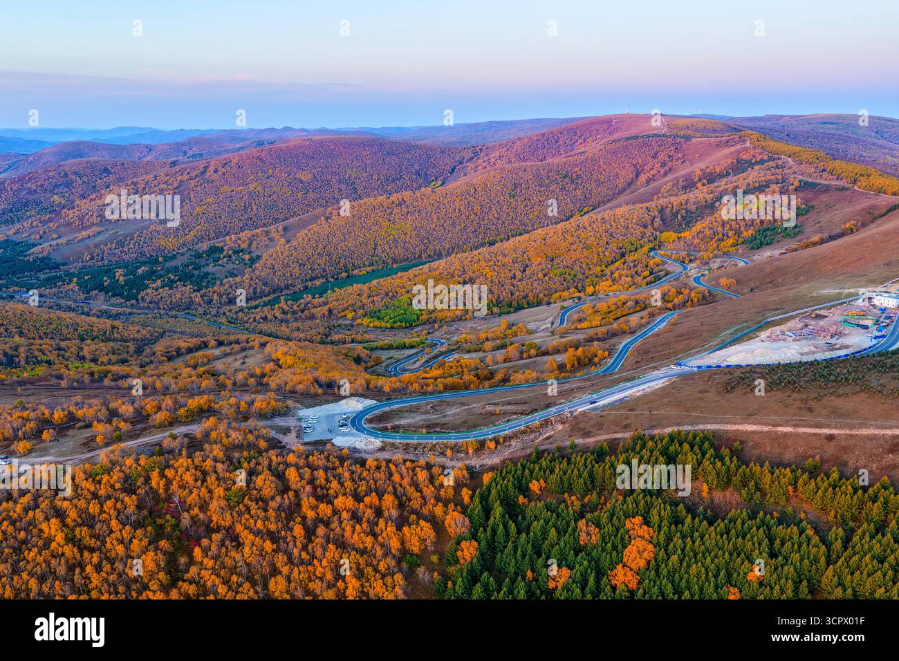 Aerial photo shows the autumn scenery of Huanggangliang National Forest ...
