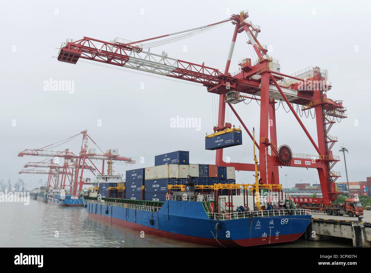 Aerial photo shows the busy container terminal at Yangzhou Port in ...