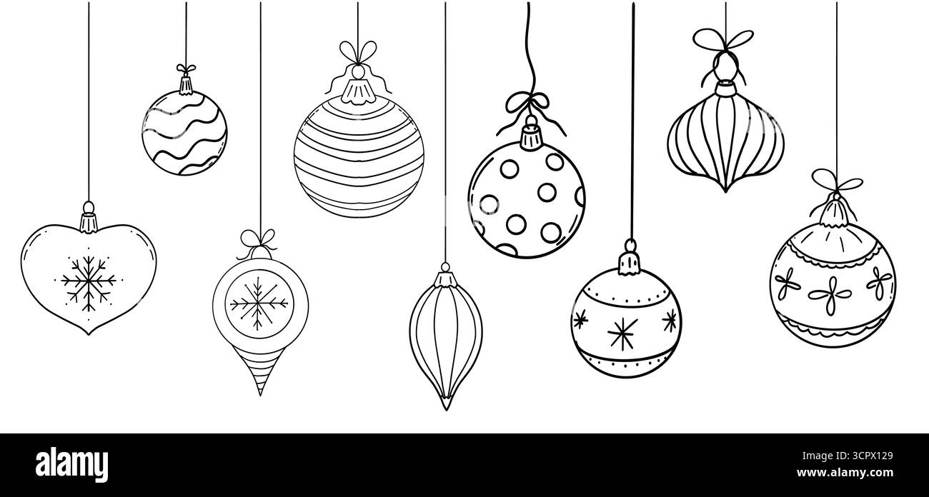 Christmas garland hanging balls, stars snowflakes sketch elements ...