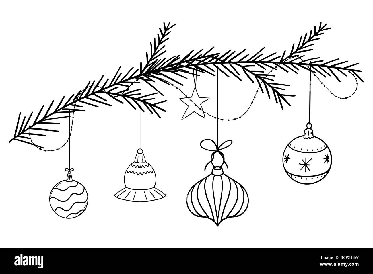 Christmas tree branch with Christmas hanging bauble, pine with needles ...