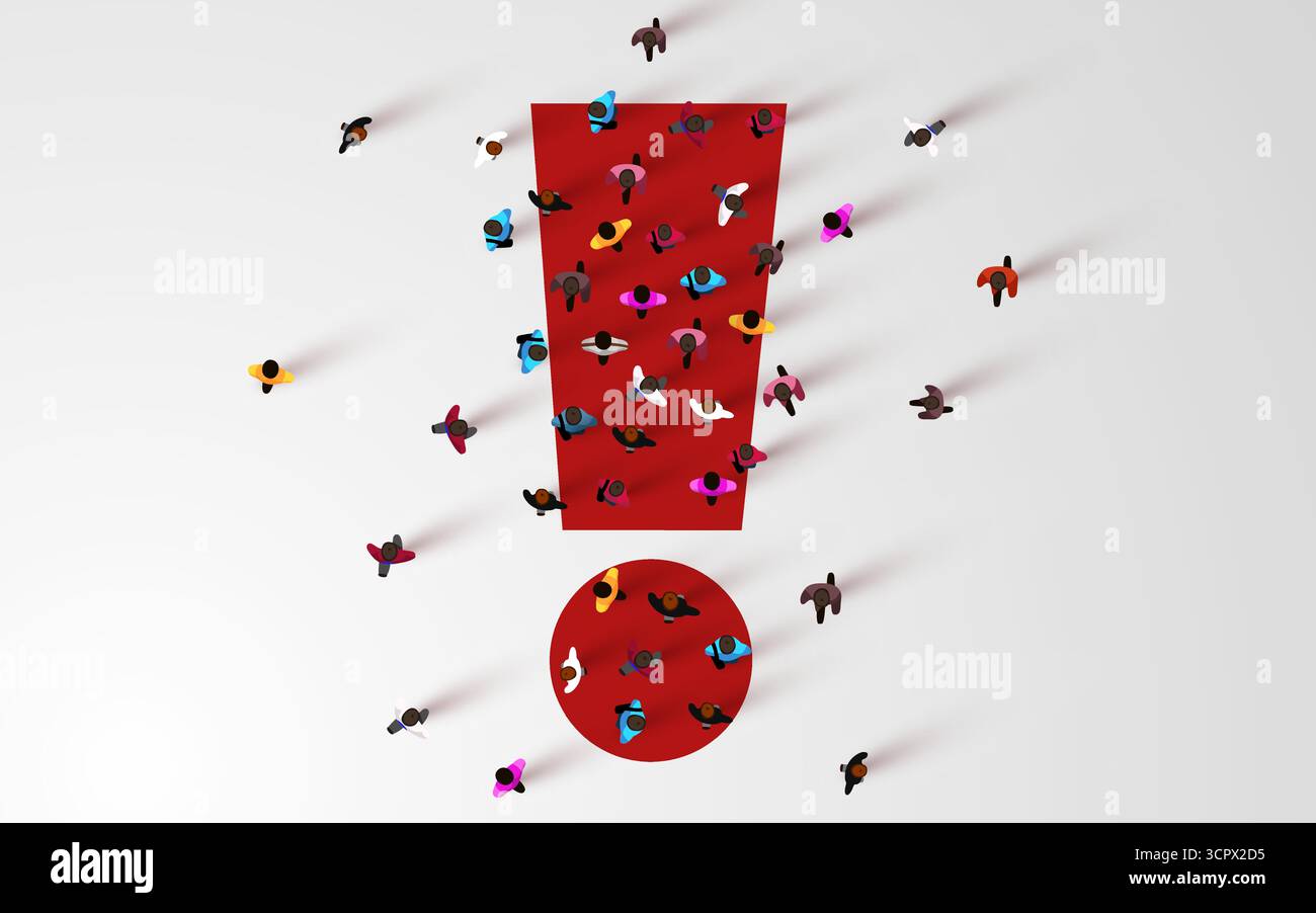 Diverse crowd of people gathered around a large red exclamation mark ...