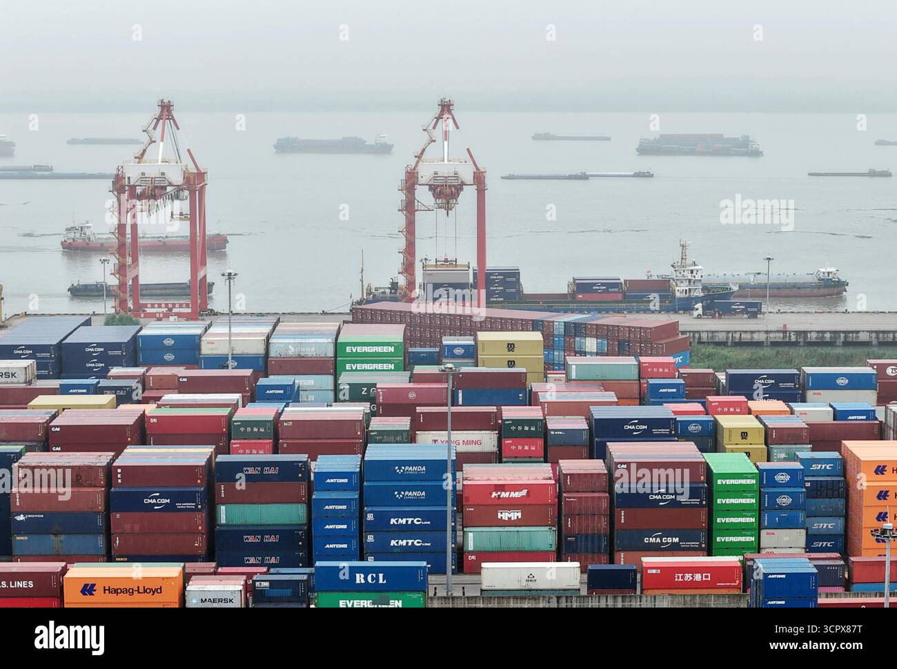 Aerial photo shows the busy container terminal at Yangzhou Port in ...