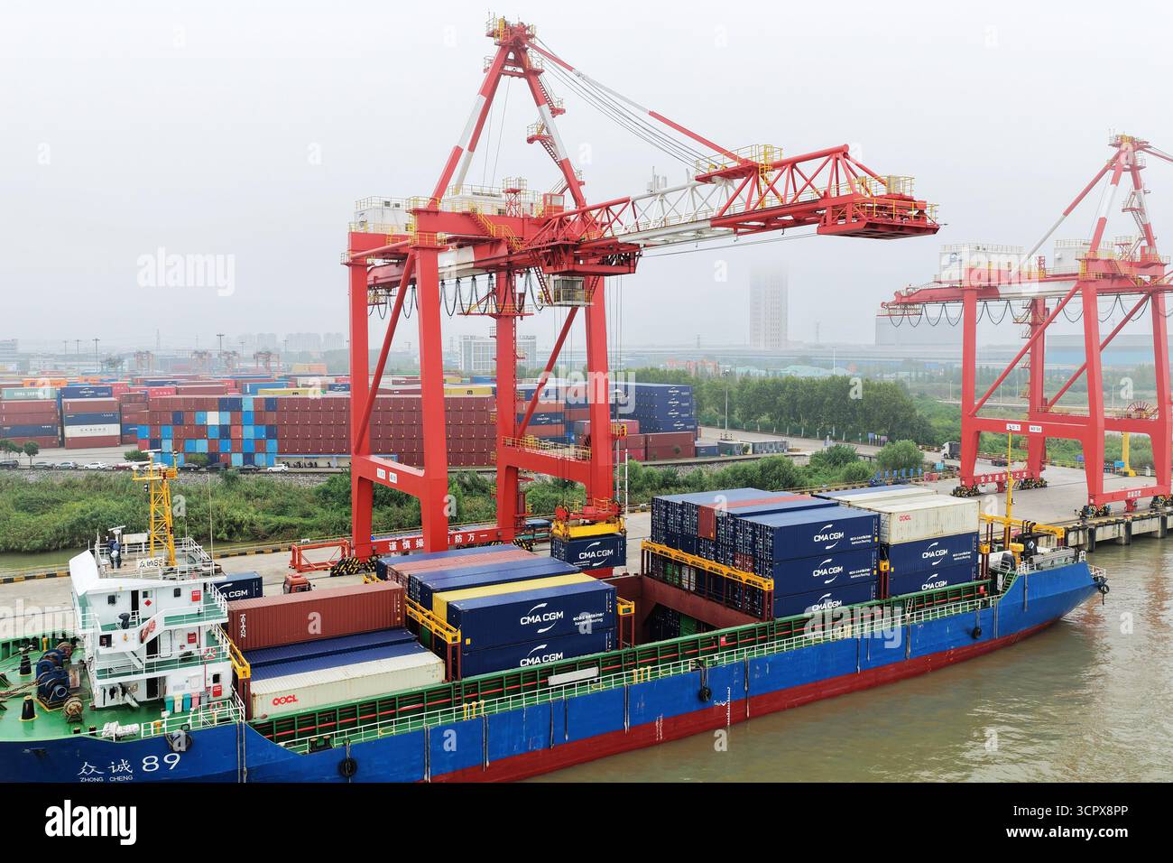Aerial photo shows the busy container terminal at Yangzhou Port in ...