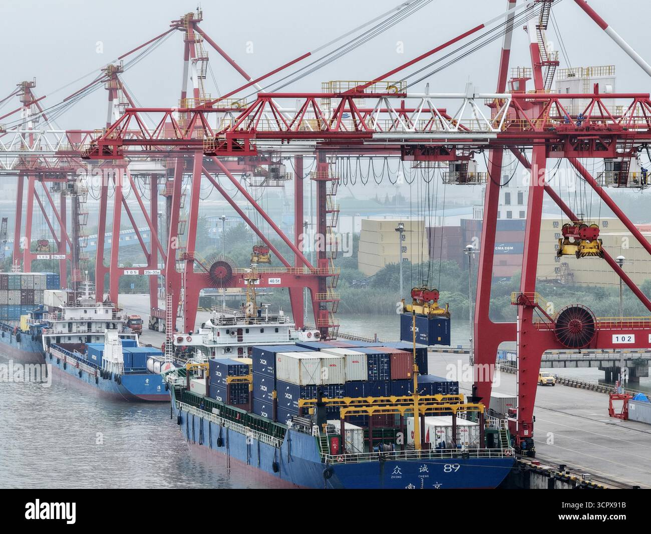 Aerial photo shows the busy container terminal at Yangzhou Port in ...