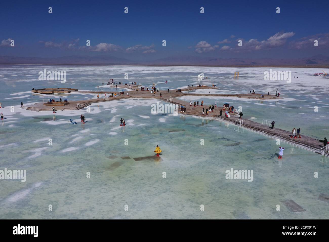 Aerial photo shows the autumn scenery of Caka salt lake in Wulan County ...