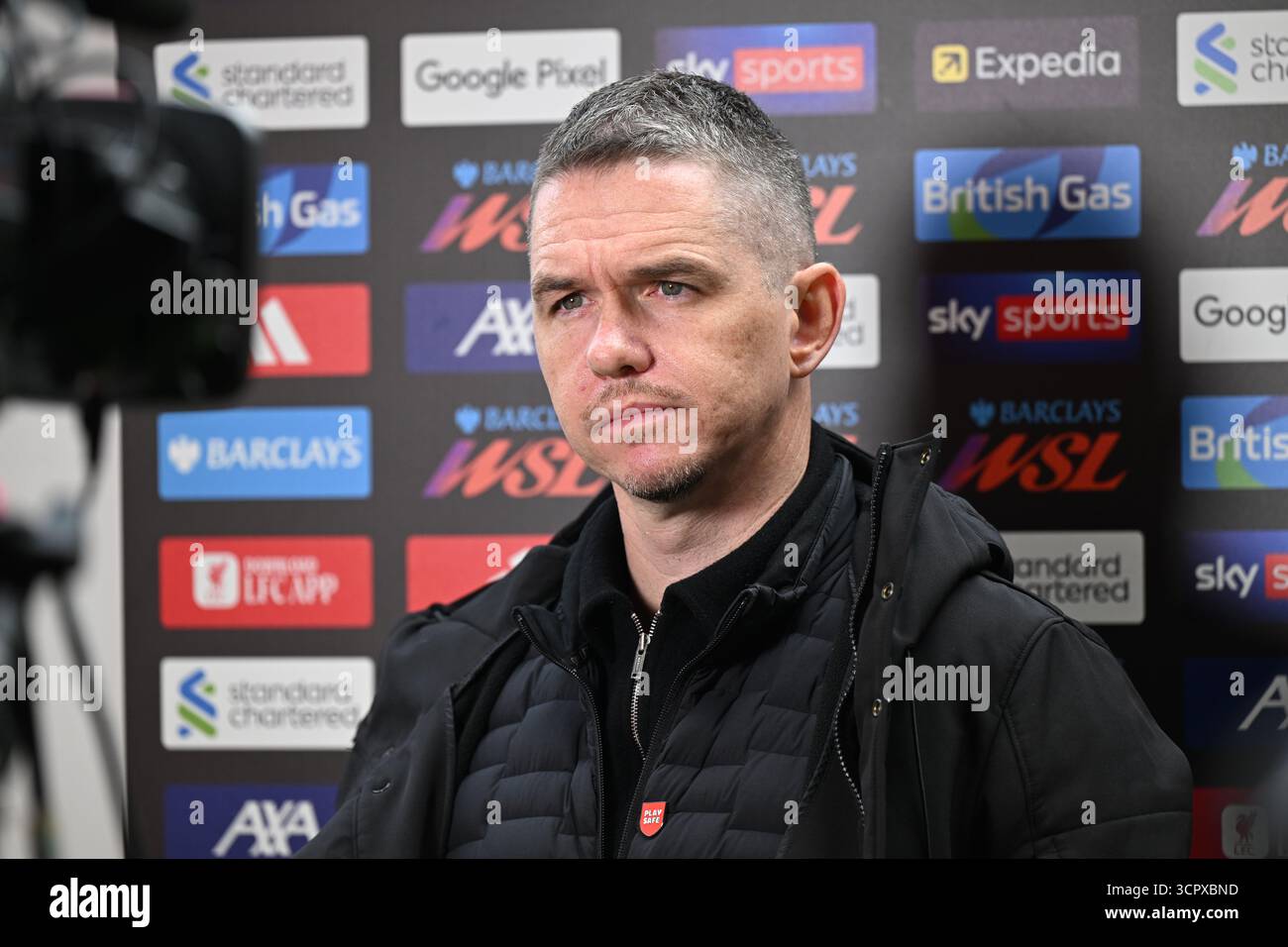 Manchester United manager Marc Skinner being interviewed before the ...