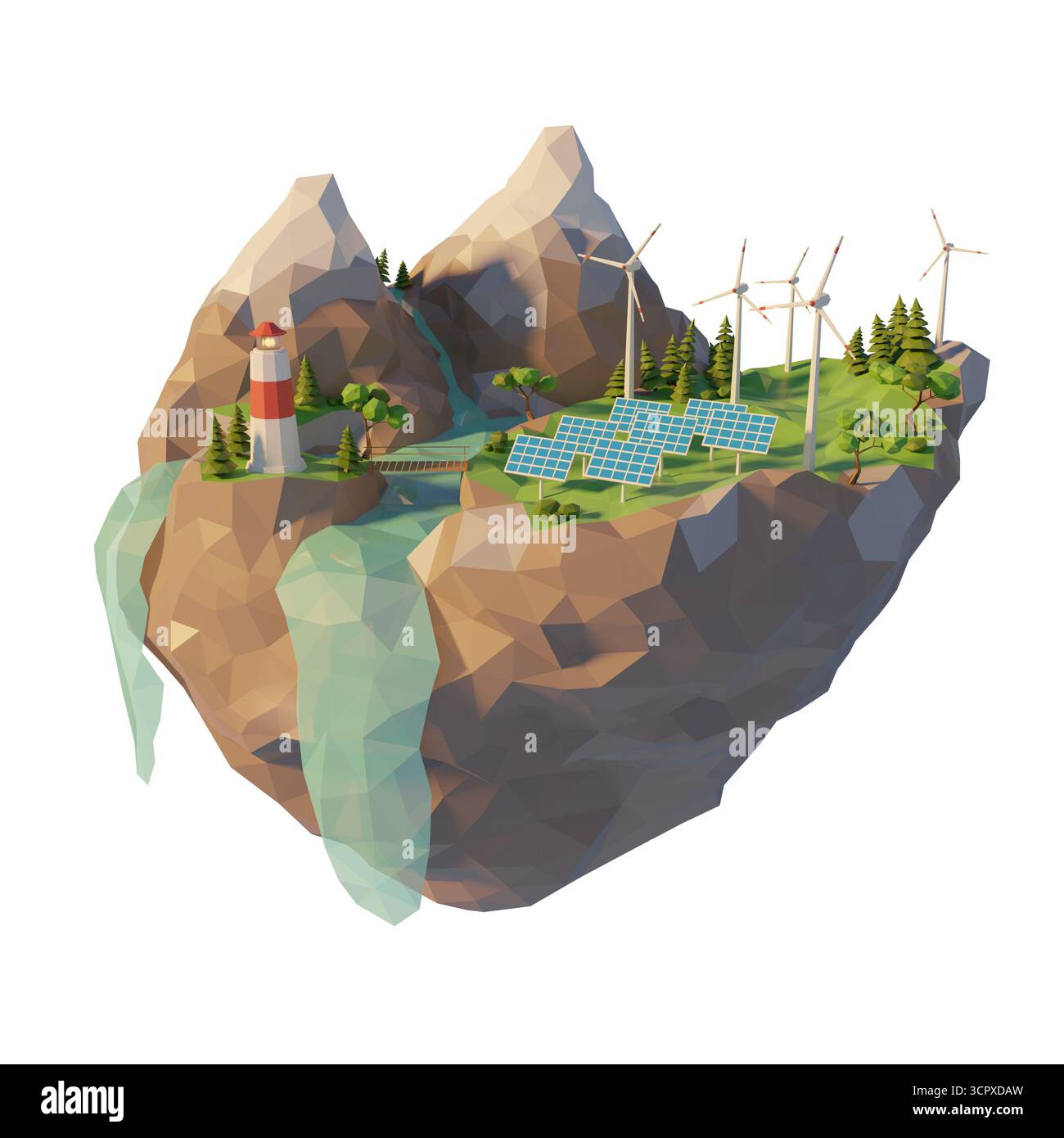 Sources generation clean energy. 3d low poly illustration. Solar panels ...