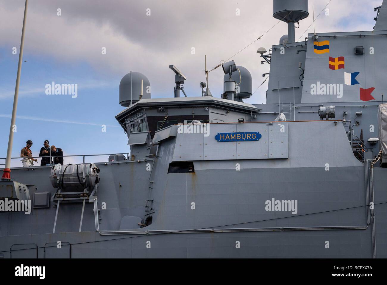 The German Navy air defense frigate FGS Hamburg F220 is docked in ...