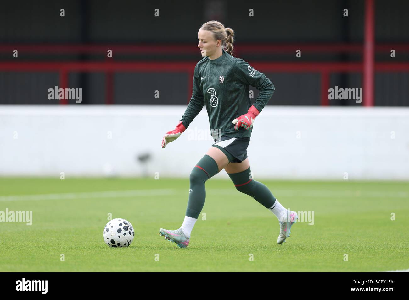 Hannah Hampton, of Chelsea Women, warming up before the match between West Ham United Women FC ...