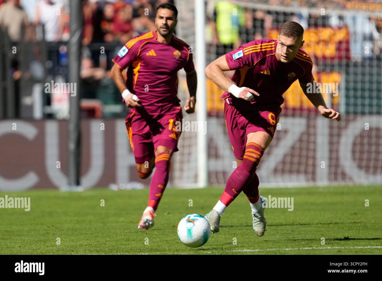 Roma's Artem Dovbyk passes the ball during the Serie A soccer match ...