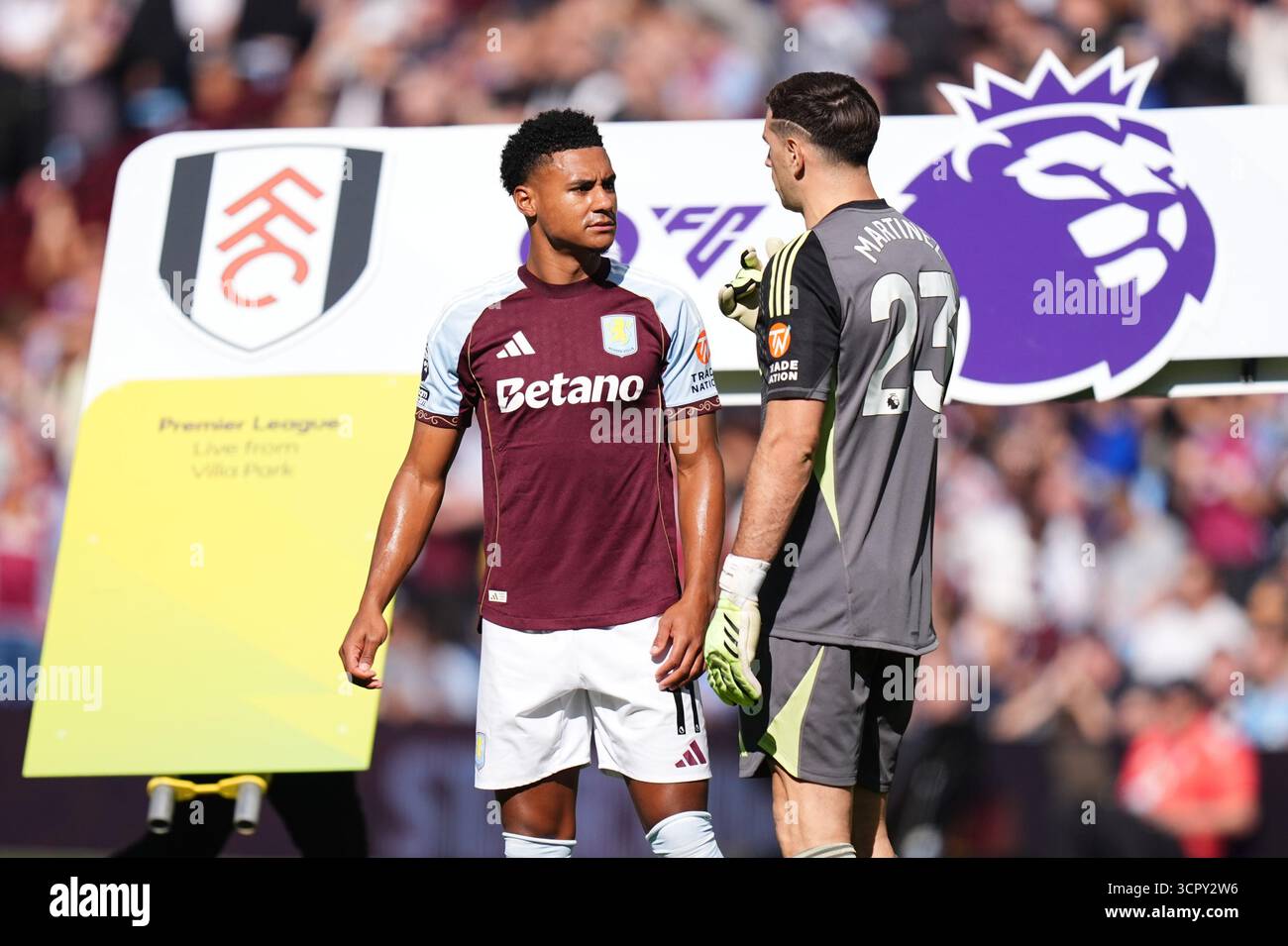 Aston Villa's goalkeeper Emiliano Martinez and Ollie Watkins talk ahead ...