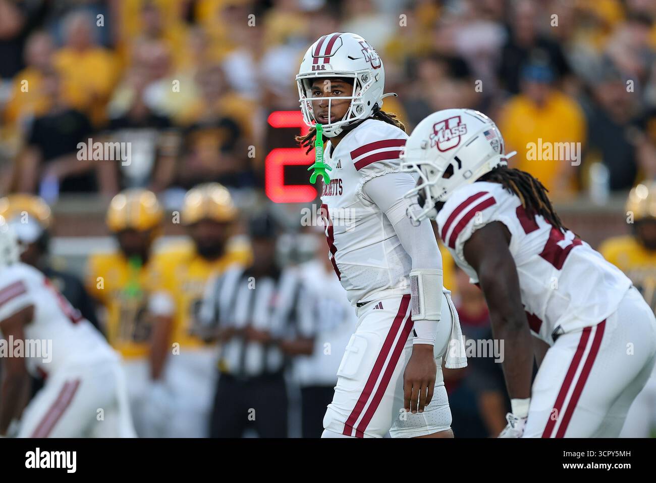 Columbia, MO, USA. 27th Sep, 2025. Massachusetts Minutemen quarterback ...