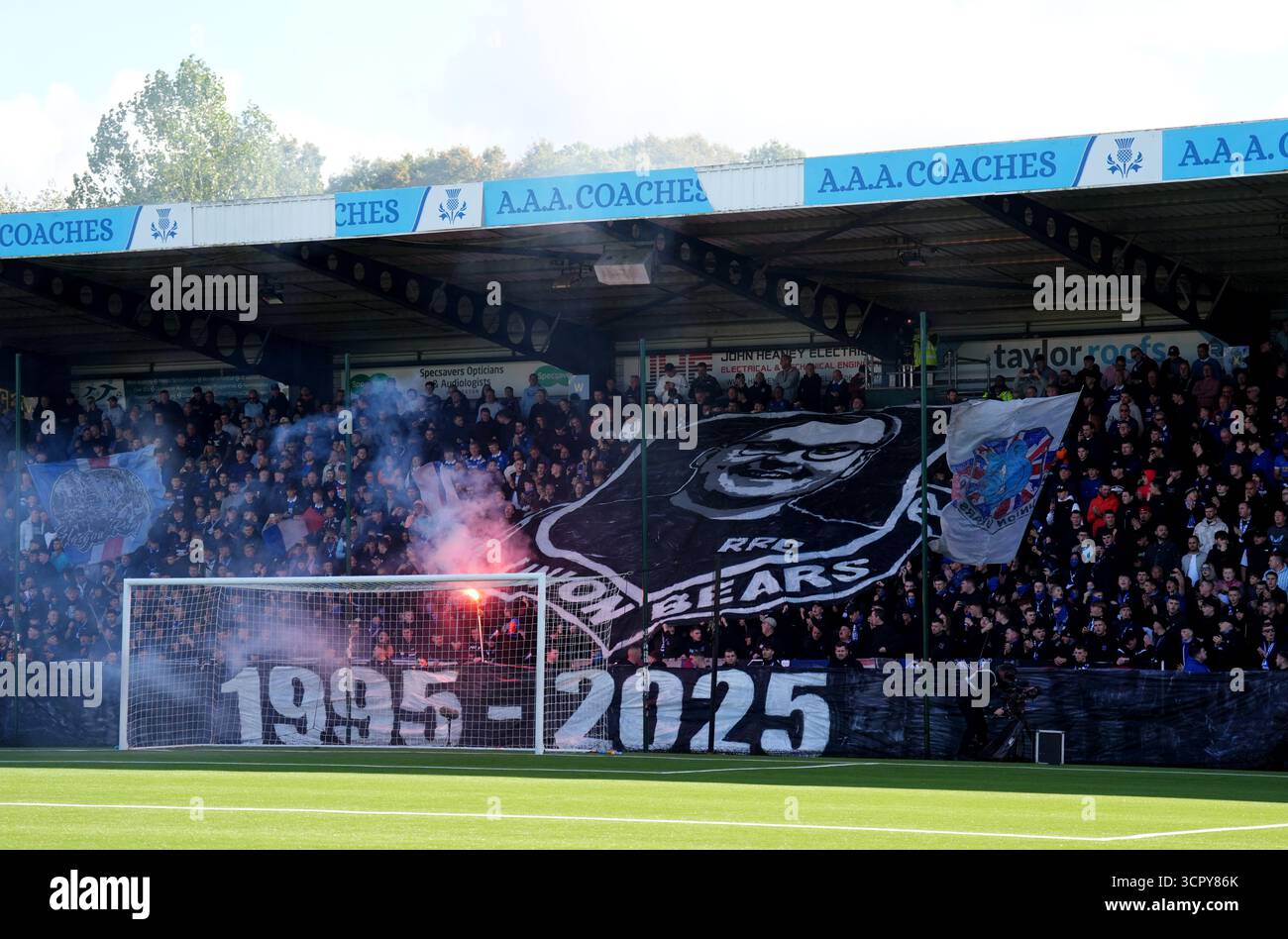 Rangers fans display banners in the stands before the William Hill ...