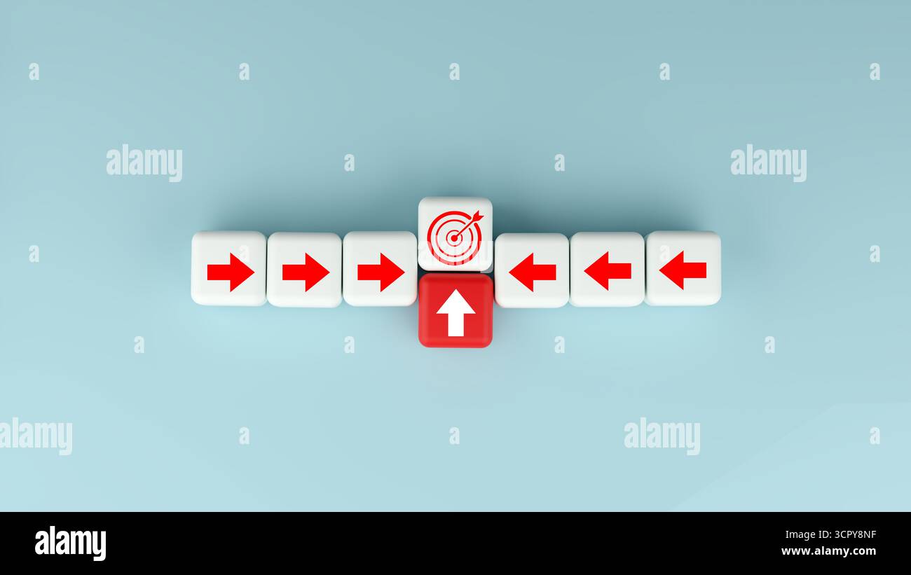 3D render of white and red cubes with arrows leading to central target ...
