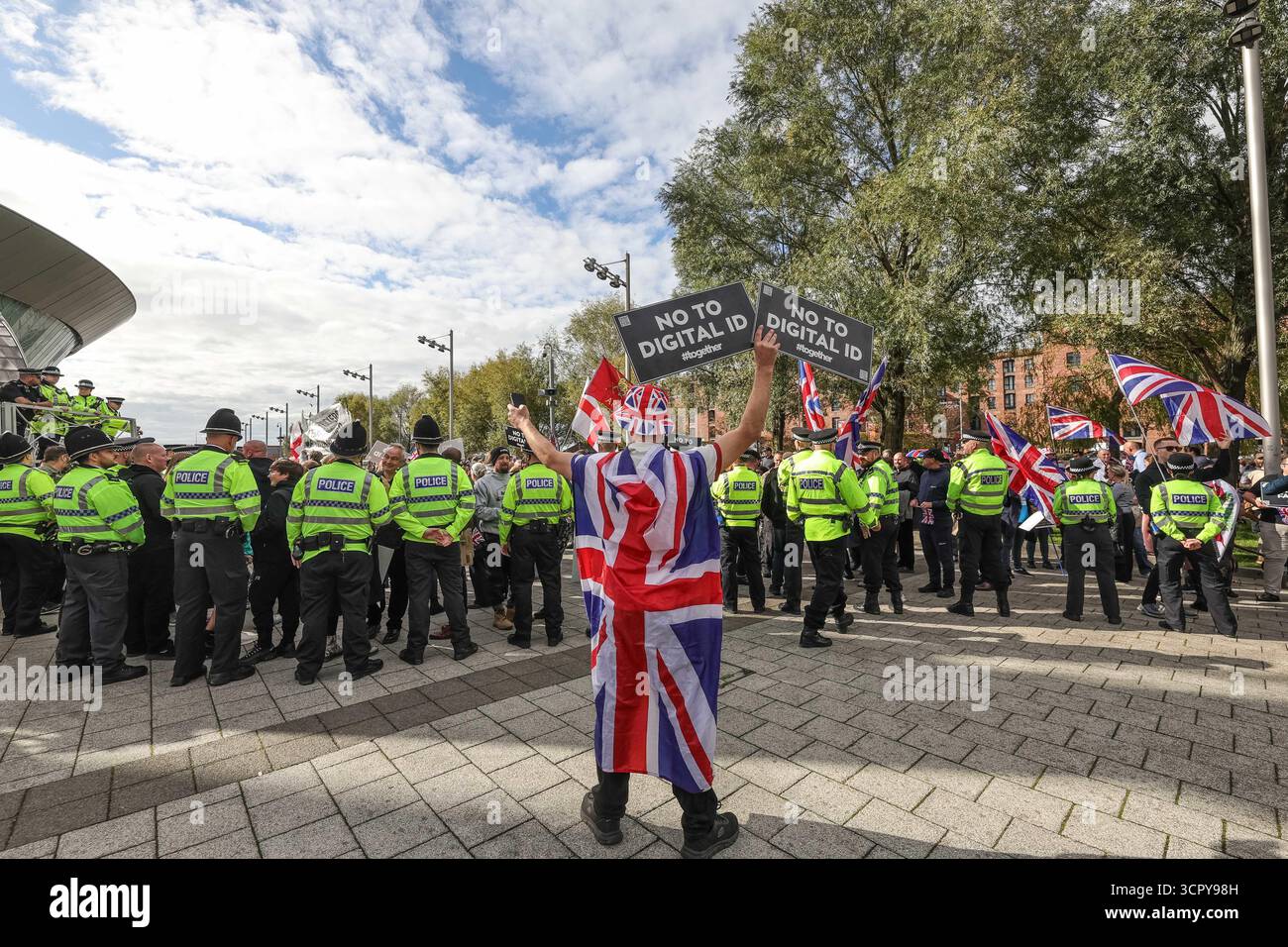 Protesters gather outside the ACC as Merseyside Police attend during ...