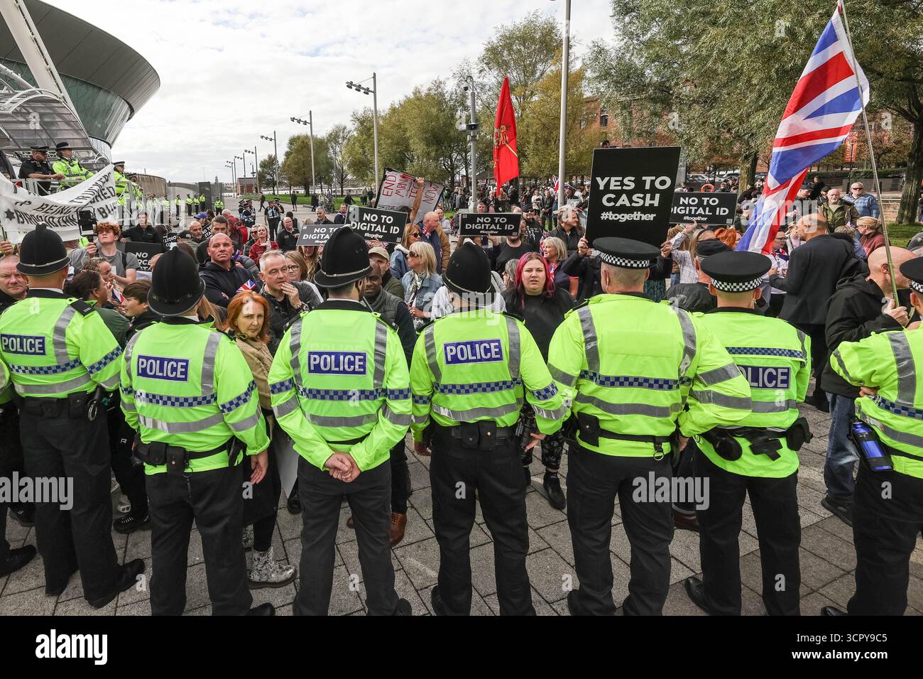 Protesters gather outside the ACC as Merseyside Police attend during ...