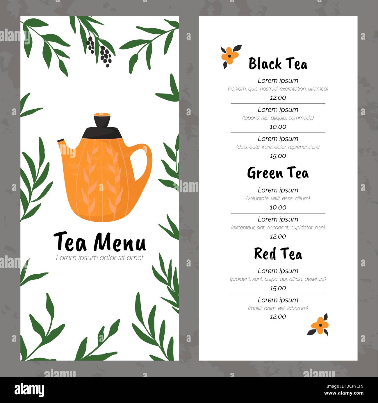 Tea menu. Restaurant bar brochure. Botanical design. Ceramic teapots ...