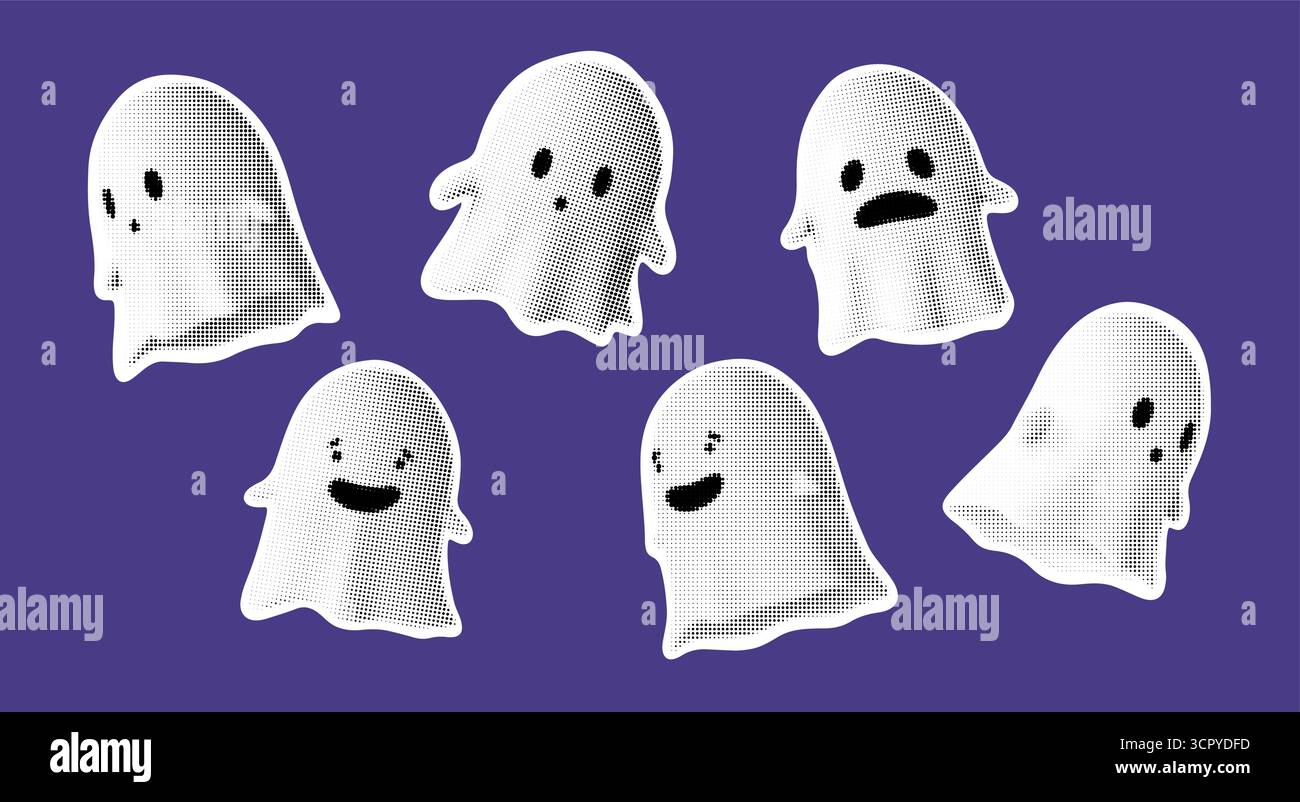 Cute halftone ghosts set. Cartoon spooky characters with different ...