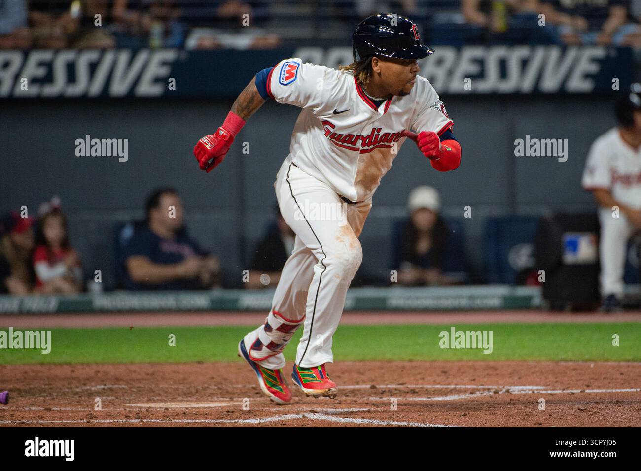 Cleveland Guardians' Jose Ramirez runs out his hit during a baseball ...