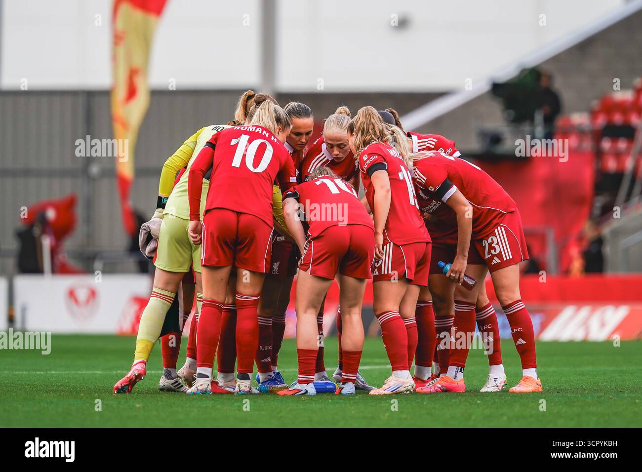 ST HELENS, ENGLAND - September 28: Liverpool team huddle pre game ...