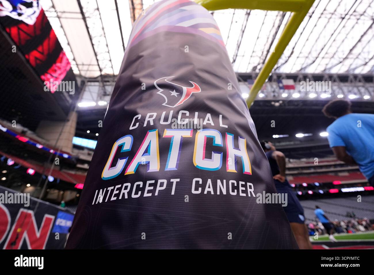 The Crucial Catch Intercept Cancer logo is seen on a goalpost before an ...