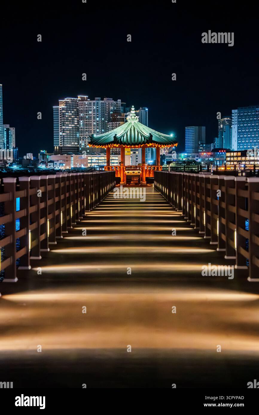 Traditional lakeside pavilion glowing at night with modern Sokcho ...