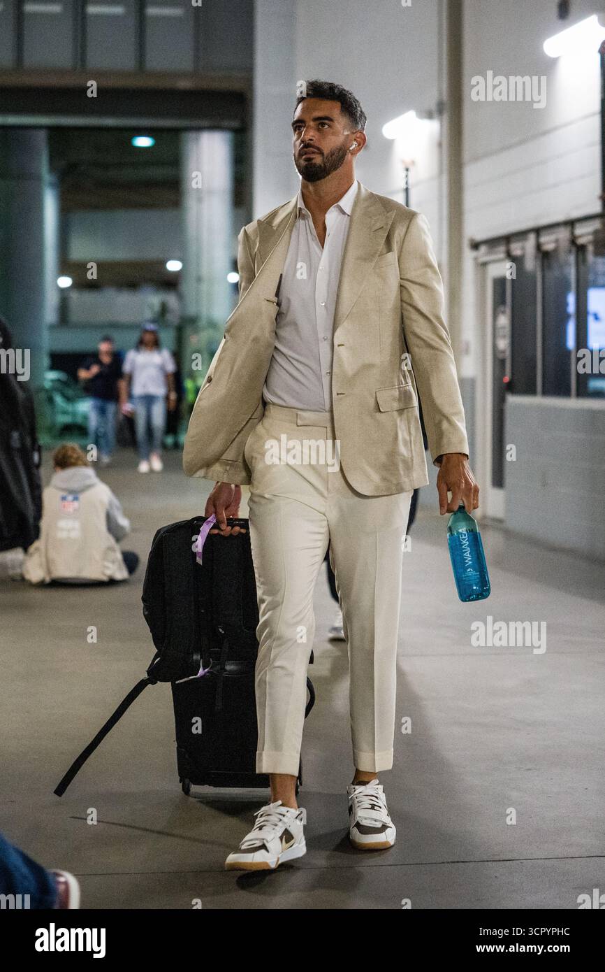 Washington Commanders quarterback Marcus Mariota arrives before an NFL ...
