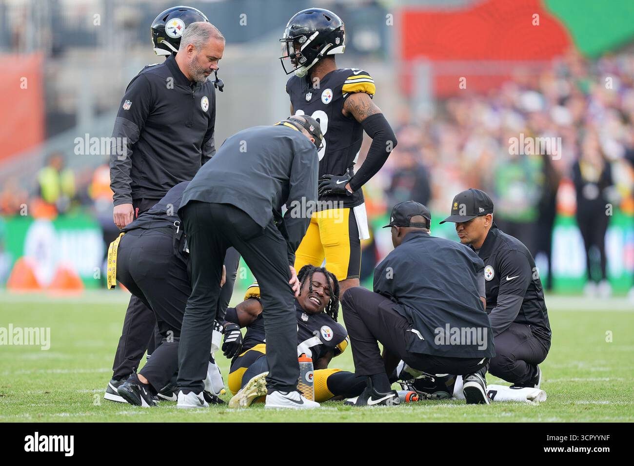 Pittsburgh Steelers' Brandin Echols receives treatment from medical ...
