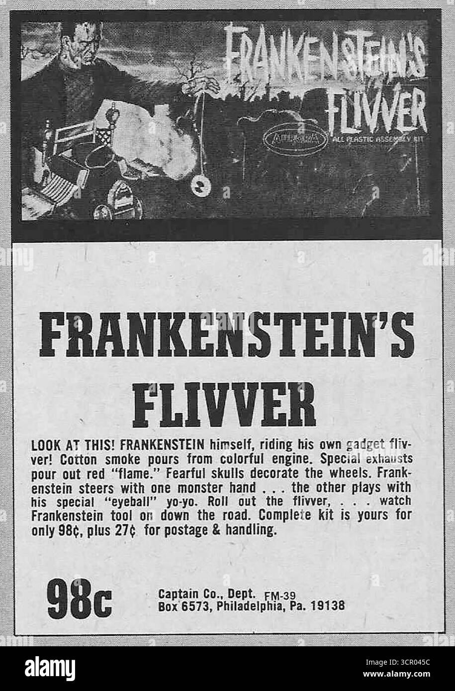 1966 Frankenstein's Flivver plastic assembly kit ad, Captain Co ...