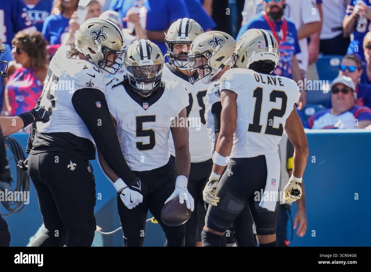 New Orleans Saints running back Kendre Miller (5) celebrates his ...