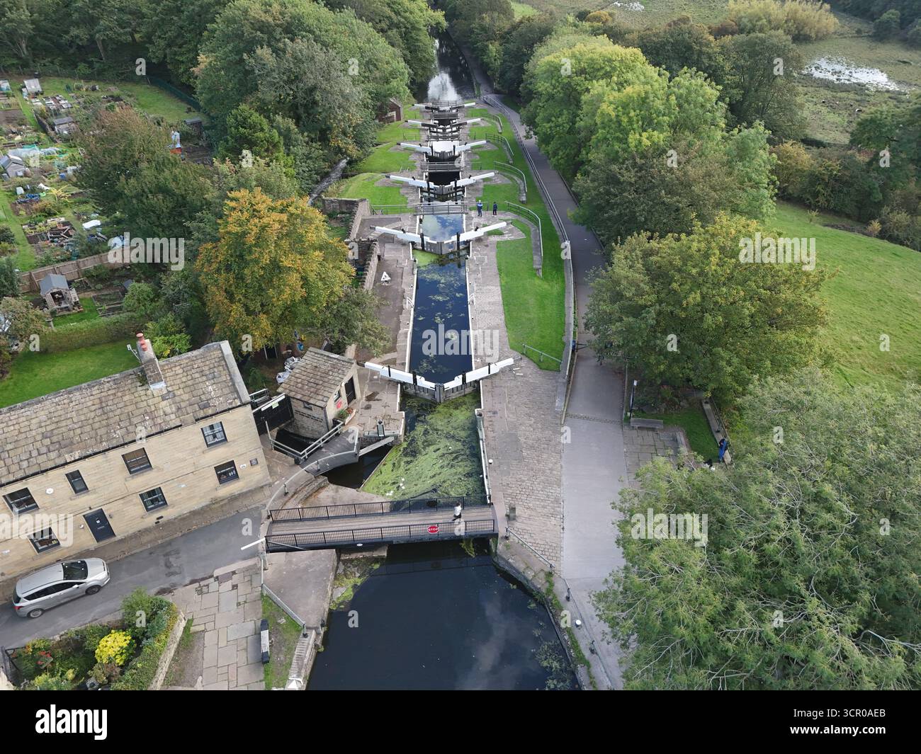 aerial view of Bingley Five Rise Locks, part of the Leeds & Liverpool ...