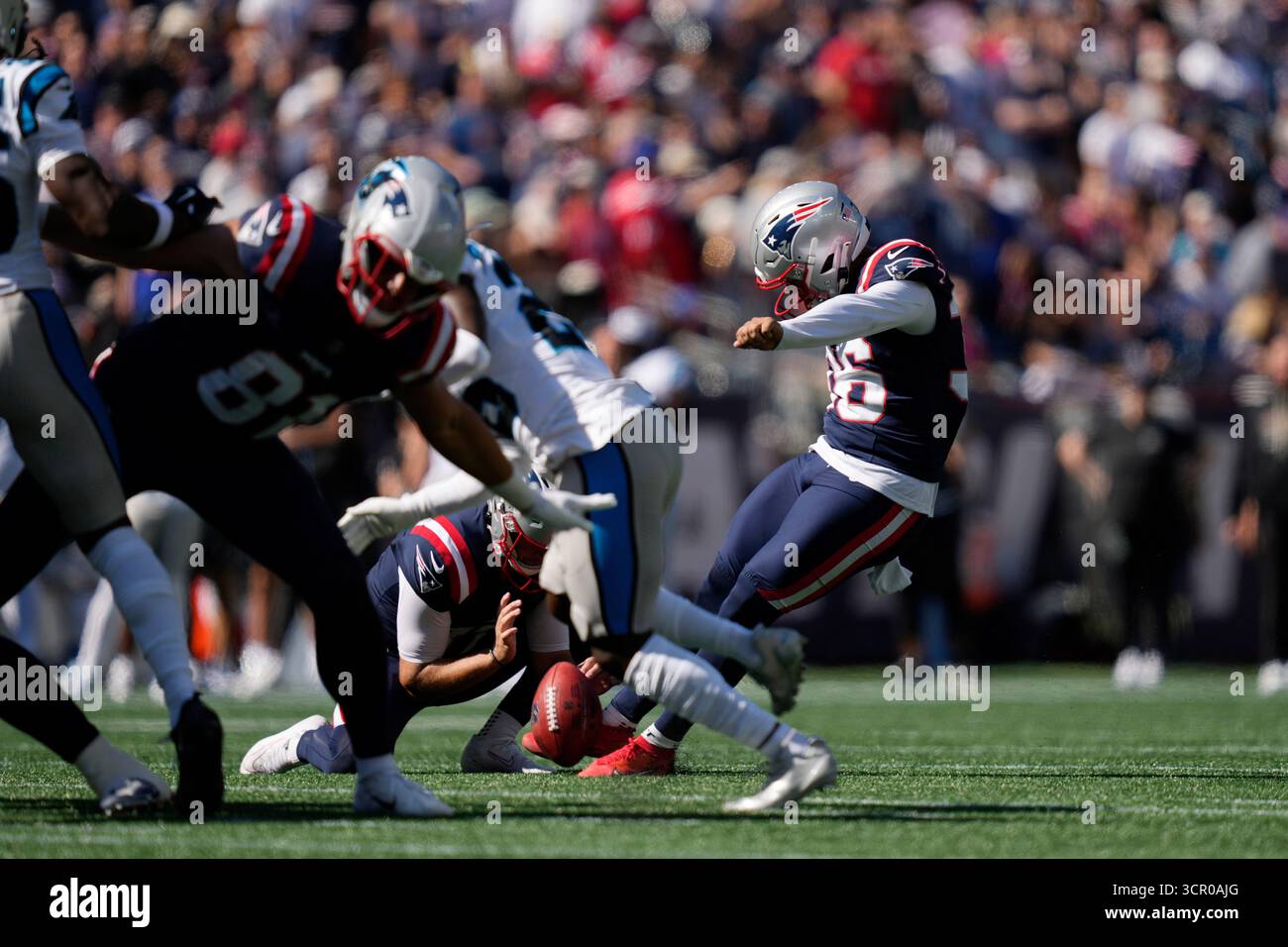 New England Patriots place kicker Andy Borregales (36) kicks a field ...